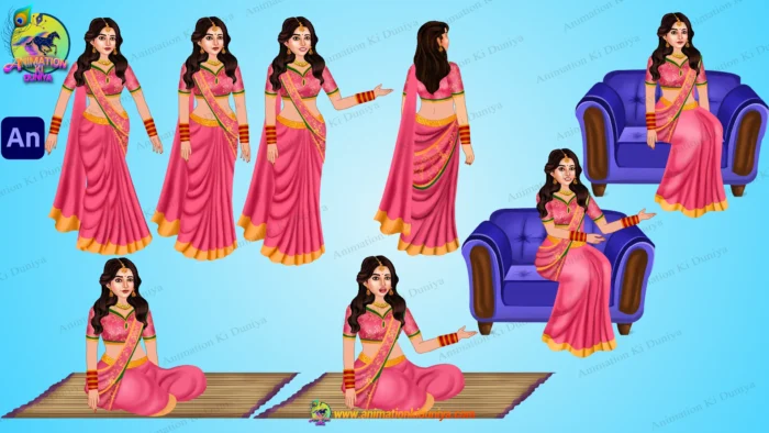 Indian Lady in Pink Saree – Premium Character Sprite Sheet with ...