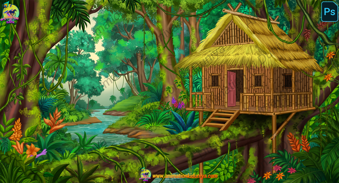 Cartoon Jungle Tree House Background – Layered PSD for 2D Animation ...