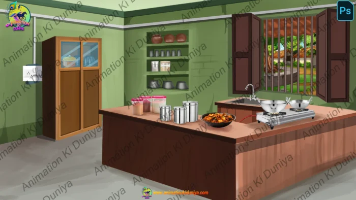 2D Cartoon Kitchen Interior Background – Traditional Indian Village ...