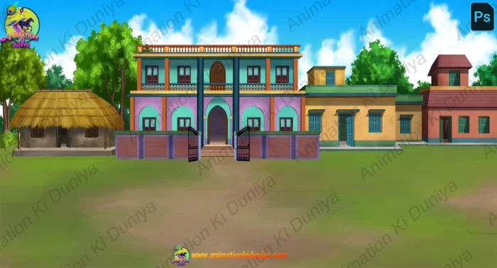 2D Cartoon Village Mansion Background – Indian Haveli & Rural Houses ...